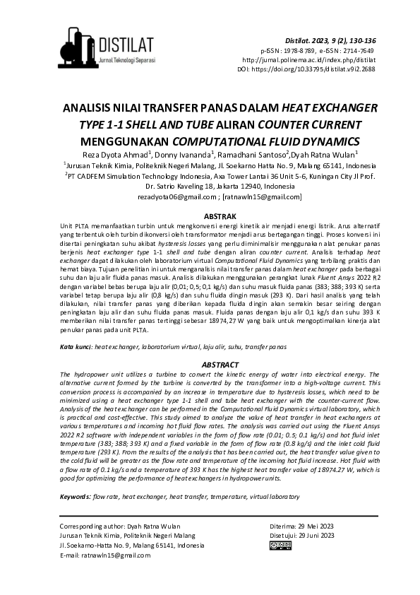 (PDF) Analisis Nilai Transfer Panas Dalam Heat Exchanger Type 1-1 Shell ...