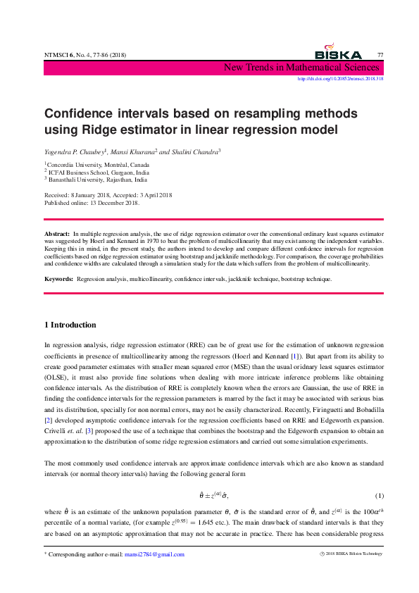 (PDF) Confidence intervals based on resampling methods using Ridge estimator in linear ...