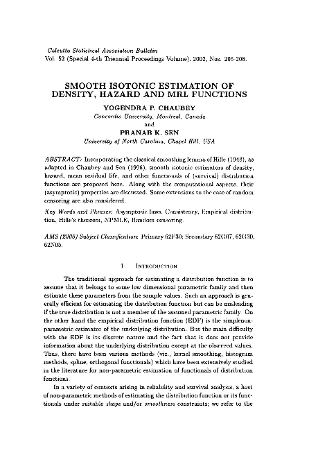 (PDF) Smooth Isotonic Estimation of Density, Hazard and MRL Functions