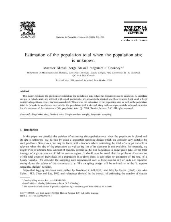 (PDF) Estimation of the population total when the population size is unknown | Yogendra Chaubey ...