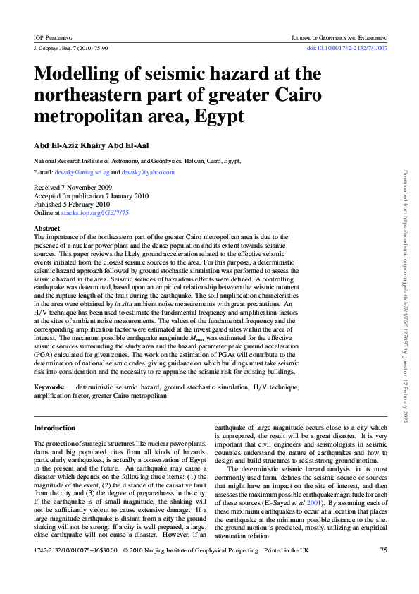 (PDF) Modelling of seismic hazard at the northeastern part of greater ...
