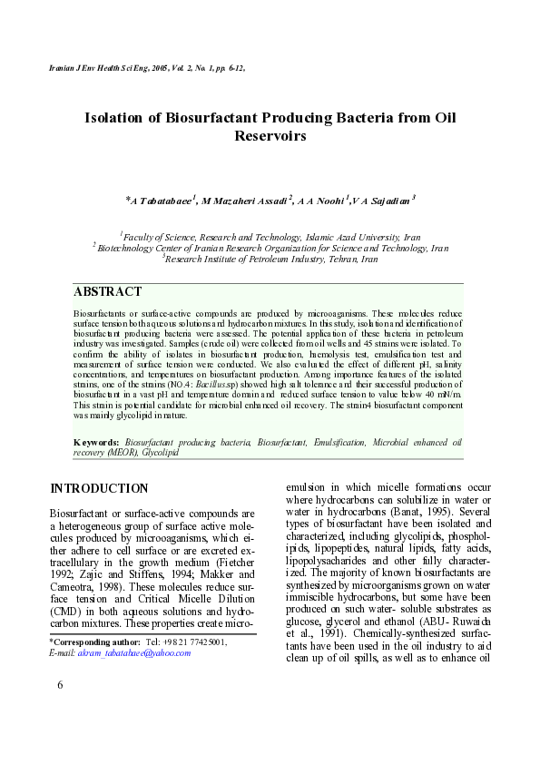(PDF) Isolation of Biosurfactant Producing Bacteria from Oil Reservoirs