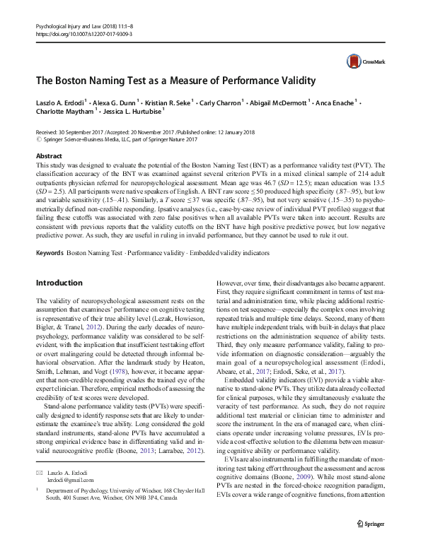 (PDF) The Boston Naming Test as a Measure of Performance Validity