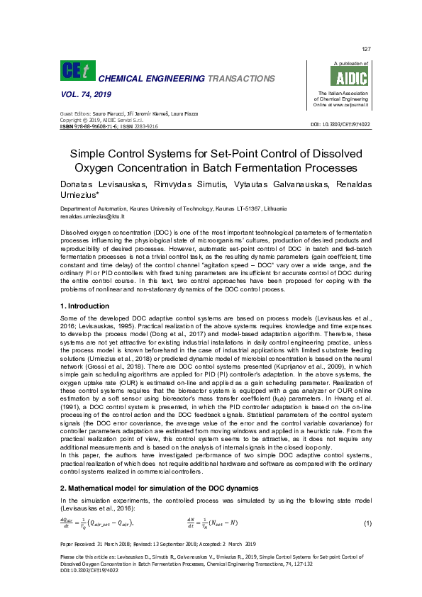 (PDF) Simple Control Systems for Set-point Control of Dissolved Oxygen Concentration in Batch ...