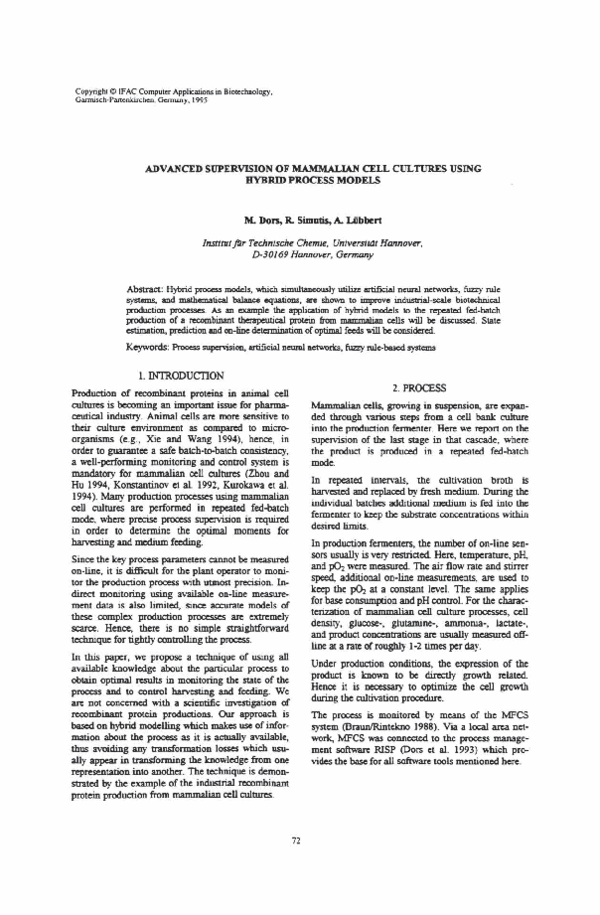 (PDF) Advanced Supervision of Mammalian Cell Cultures Using Hybrid Process Models | Rimvydas ...