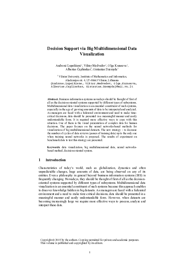 Pdf Decision Support Via Big Multidimensional Data Visualization Gintautas Dzemyda 3695