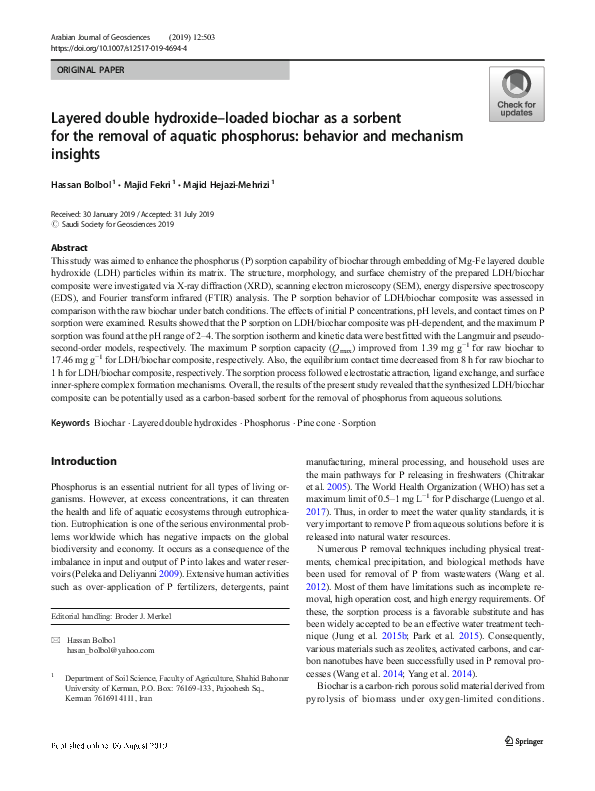 (PDF) Layered double hydroxide–loaded biochar as a sorbent for the ...