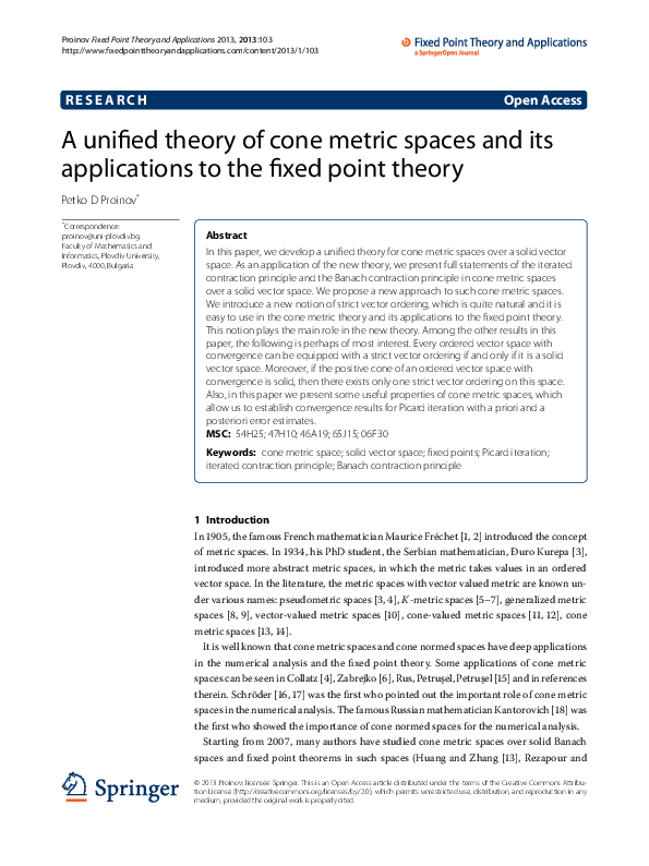 (PDF) A unified theory of cone metric spaces and its applications to the fixed point theory