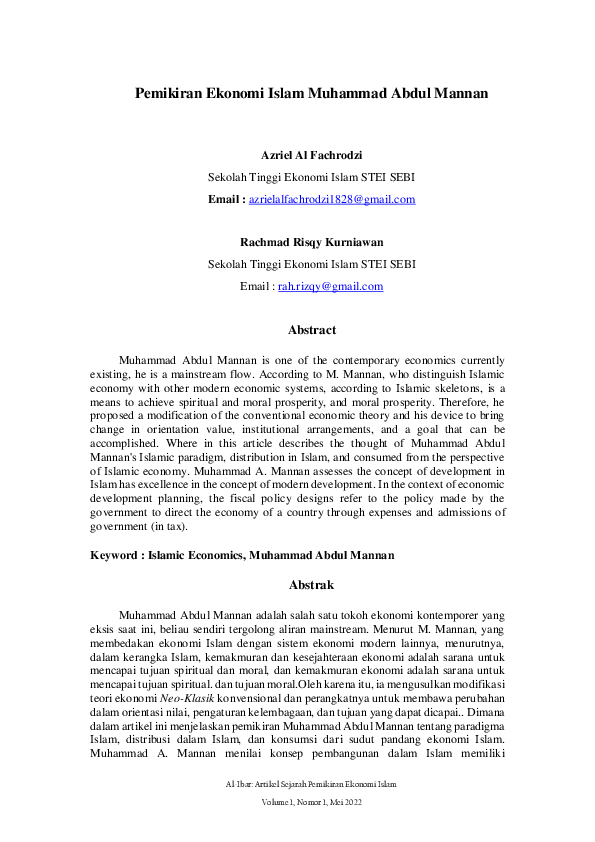 (PDF) Pemikiran Ekonomi Muhammad Abdul Mannan