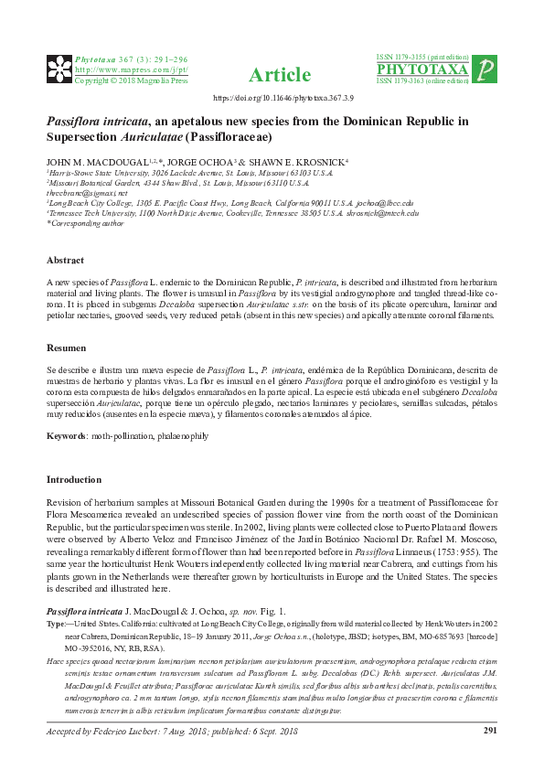 (PDF) Passiflora intricata, an apetalous new species from the Dominican ...