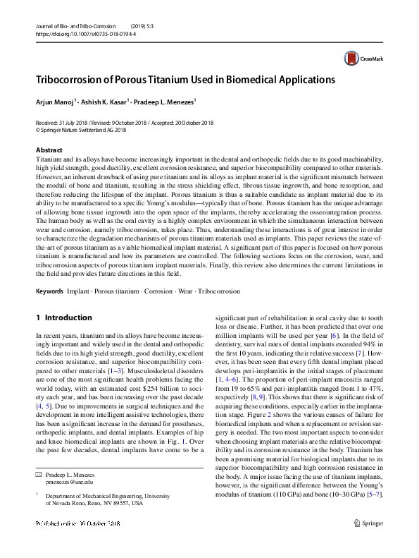 (PDF) Tribocorrosion of Porous Titanium Used in Biomedical Applications