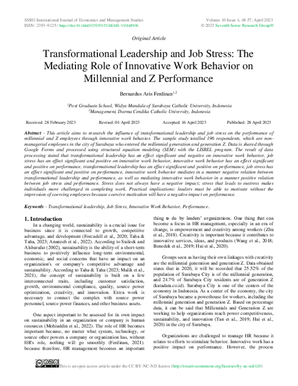 (PDF) Transformational Leadership and Job Stress: The Mediating Role of Innovative Work Behavior ...