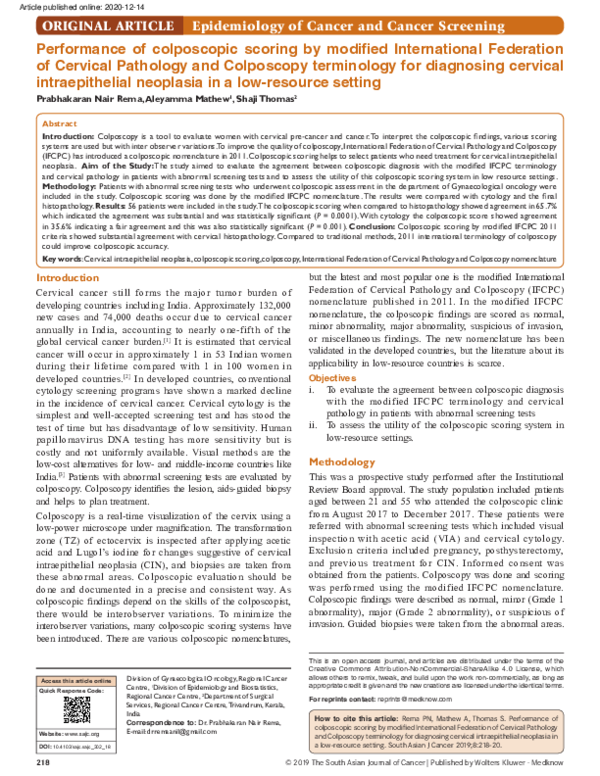 (PDF) Performance of colposcopic scoring by modified International Federation of Cervical ...