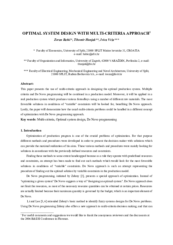 (DOC) Optimal System Design with Multi-criteria Approach