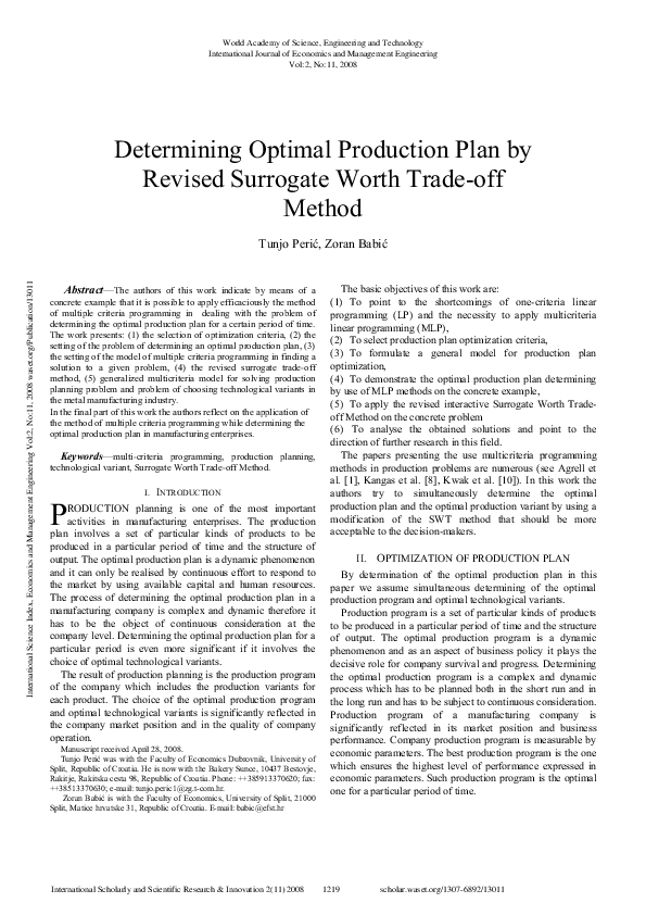 (PDF) Determining Optimal Production Plan by Revised Surrogate Worth ...