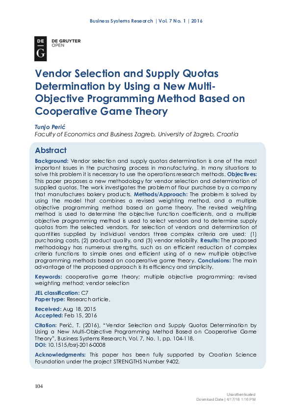 Pdf Vendor Selection And Supply Quotas Determination By Using