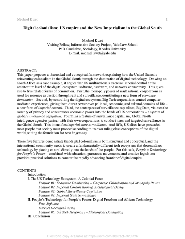 (PDF) Digital colonialism: US empire and the new imperialism in the ...