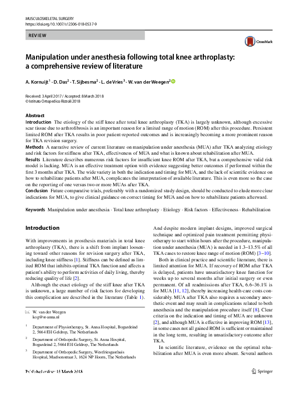 (PDF) Manipulation under anesthesia following total knee arthroplasty ...
