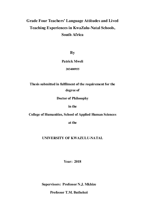 (PDF) Grade four teachers’ language attitudes and lived teaching experiences in KwaZulu-Natal ...