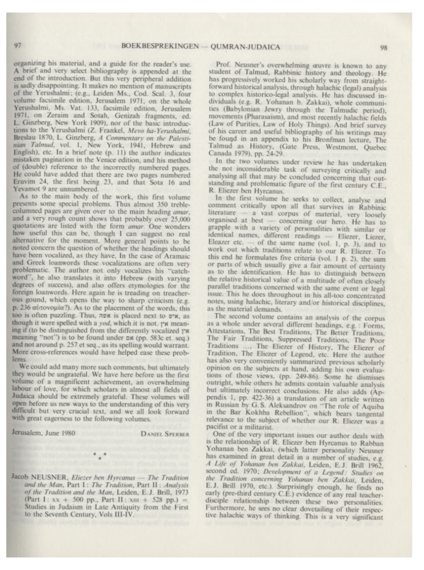 (PDF) Daniel Sperber, “Review of ‘Eliezer ben Hyrcanus: The Tradition ...