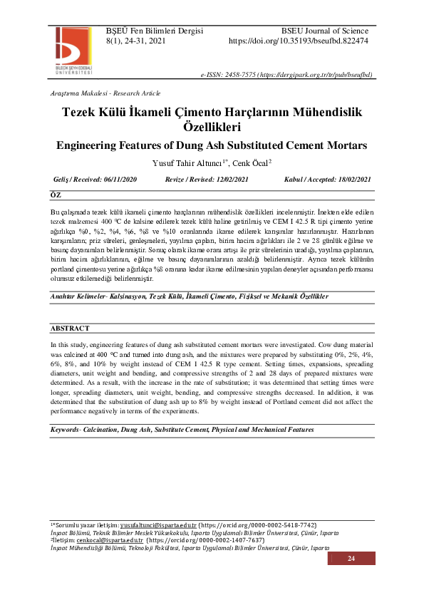 (PDF) Tezek Külü İkameli Çimento Harçlarının Mühendislik Özellikleri