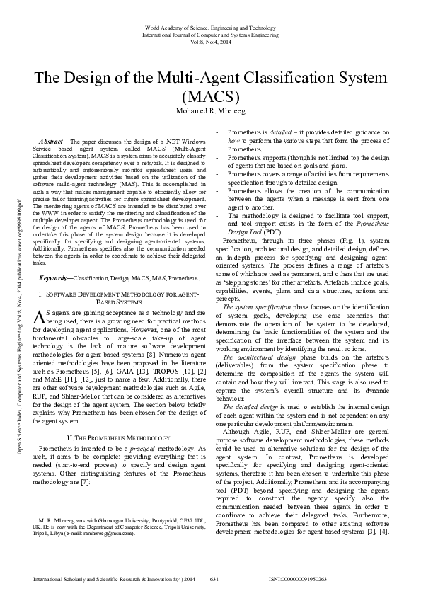 (PDF) The Design of the Multi-Agent Classification System (MACS)