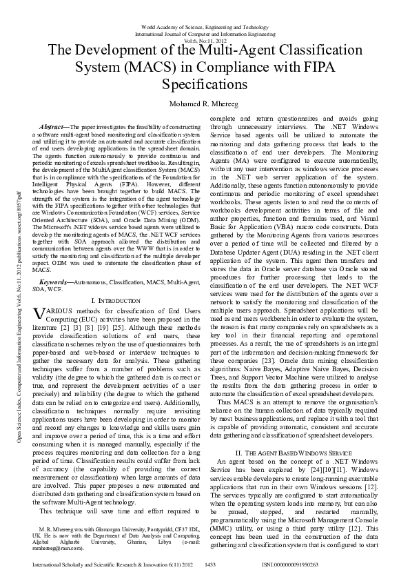 (PDF) The Development of the Multi-Agent Classification System (MACS) in Compliance with FIPA ...