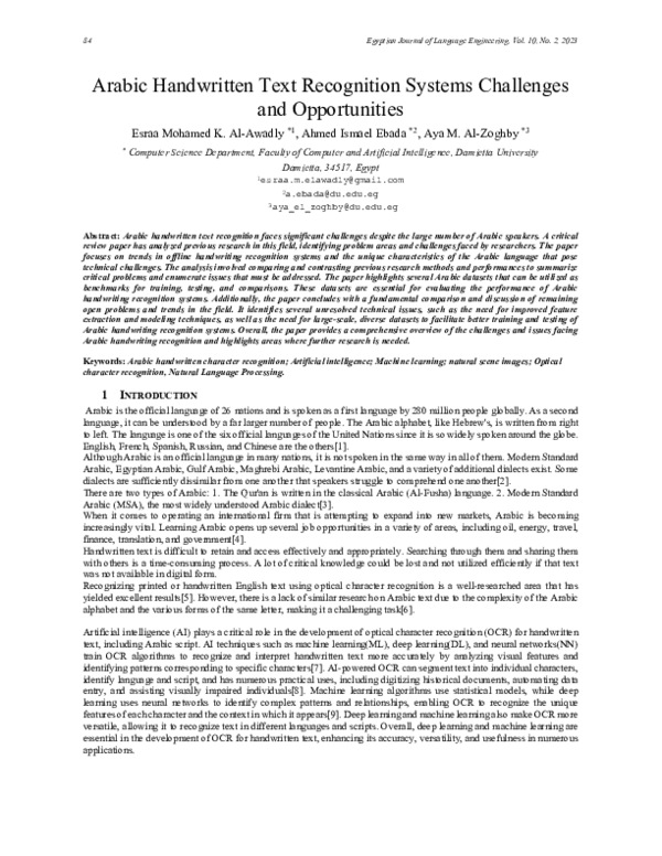 Pdf Arabic Handwritten Text Recognition Systems Challenges And Opportunities