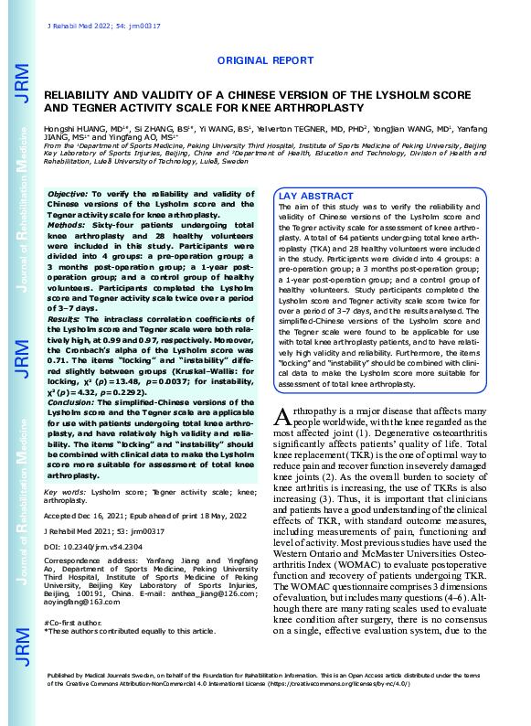 (PDF) Reliability and Validity of a Chinese Version of the Lysholm ...