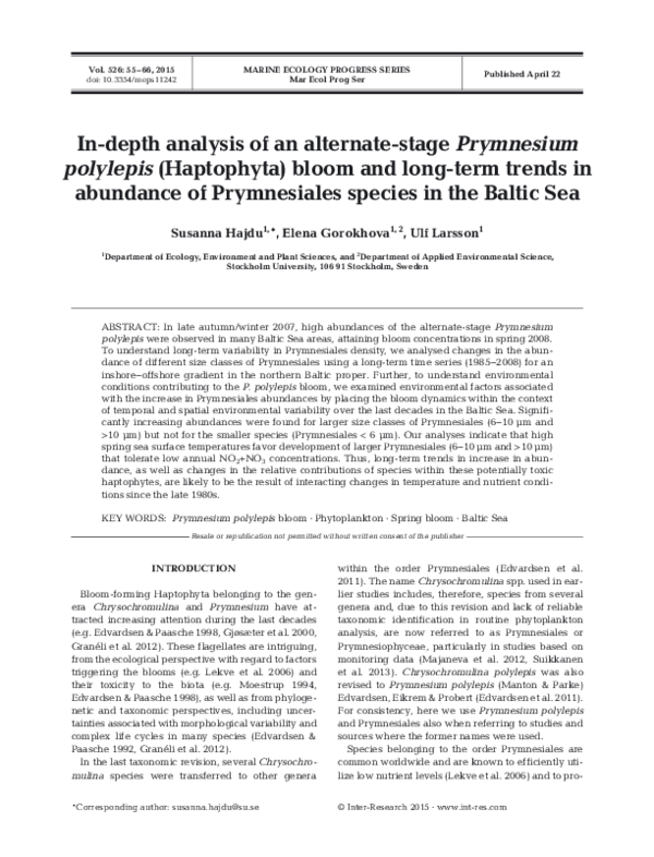 (PDF) In-depth analysis of an alternate-stage Prymnesium polylepis ...