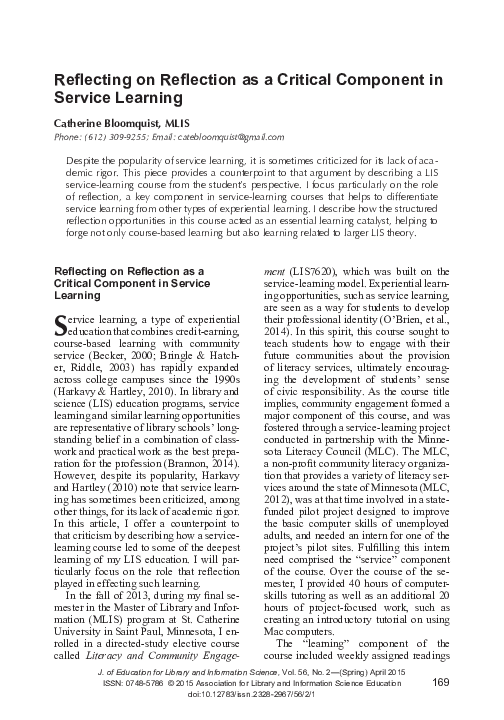 (PDF) Reflecting on Reflection as a Critical Component in Service Learning