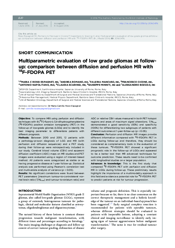 (PDF) Multiparametric evaluation of low grade gliomas at follow-up: comparison between diffusion ...