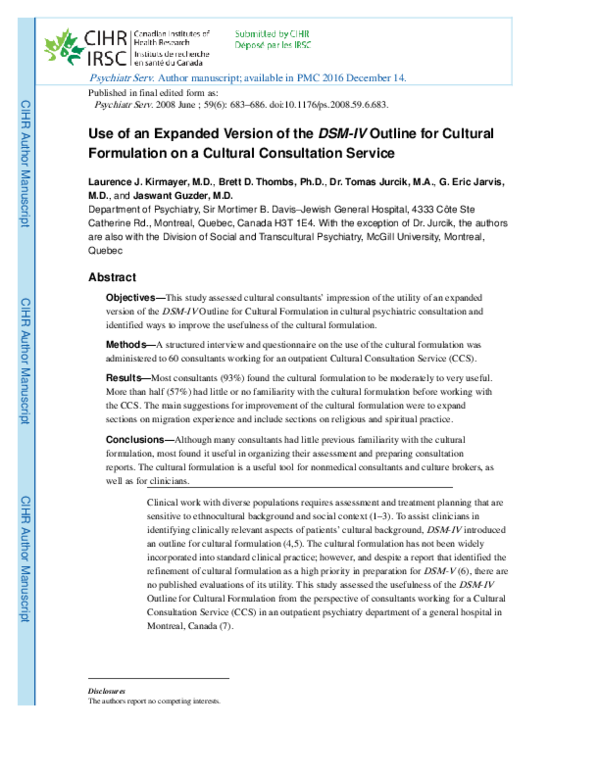 (PDF) Use of an Expanded Version of the DSM-IV Outline for Cultural ...