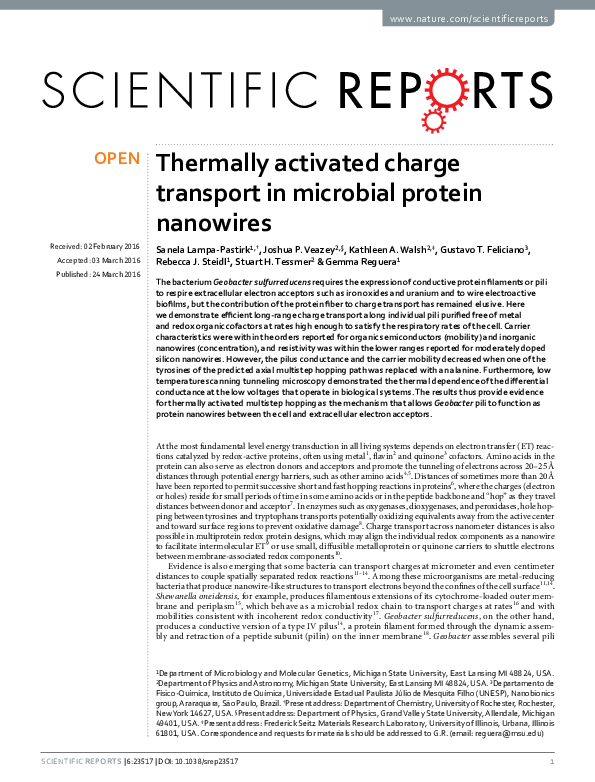 (PDF) Thermally activated charge transport in microbial protein nanowires