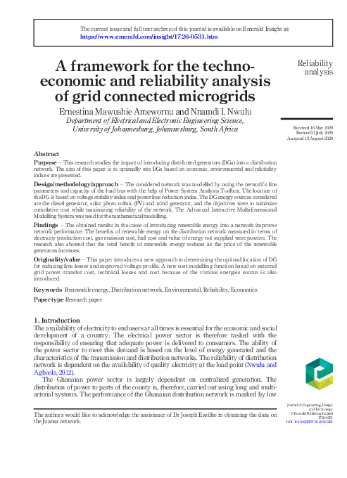 (PDF) A framework for the techno-economic and reliability analysis of grid connected microgrids