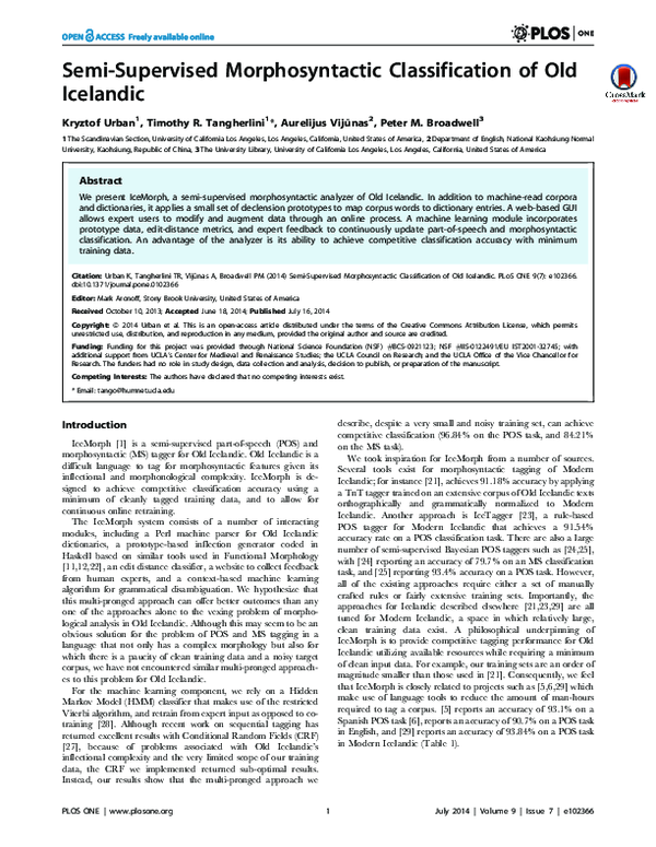 (PDF) Semi-Supervised Morphosyntactic Classification of Old Icelandic
