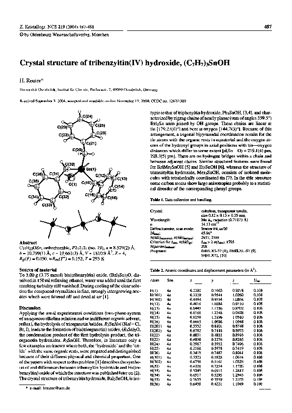 (PDF) Crystal structure of tribenzyltin(IV) hydroxide, (C7H7)3SnOH