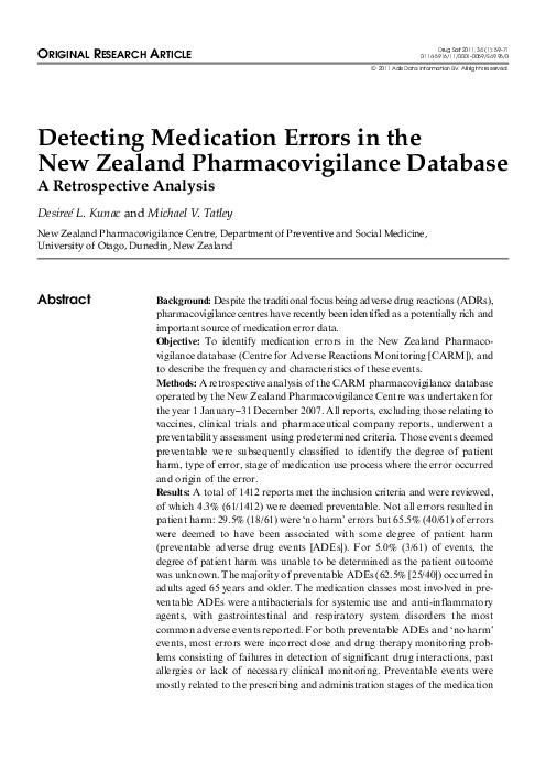 (PDF) Detecting Medication Errors in the New Zealand Pharmacovigilance Database