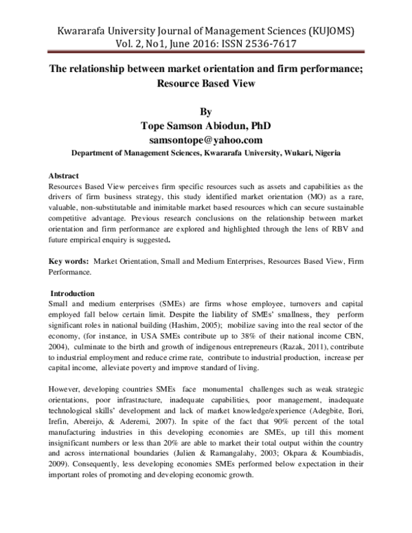 (PDF) The relationship between market orientation and firm performance; Resource Based View