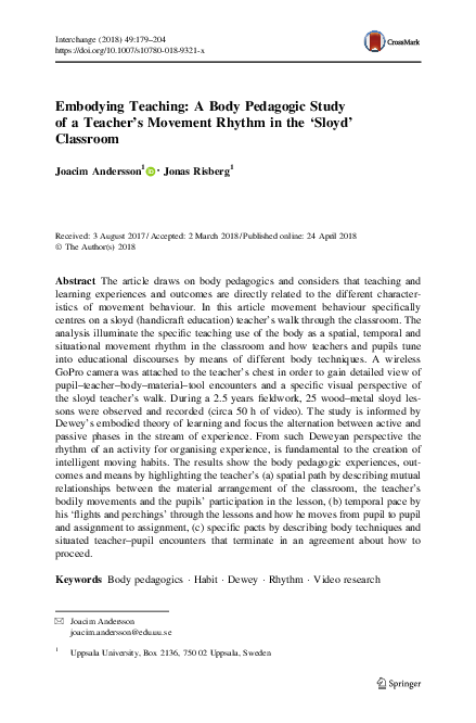 (PDF) Embodying Teaching: A Body Pedagogic Study of a Teacher’s Movement Rhythm in the ‘Sloyd ...