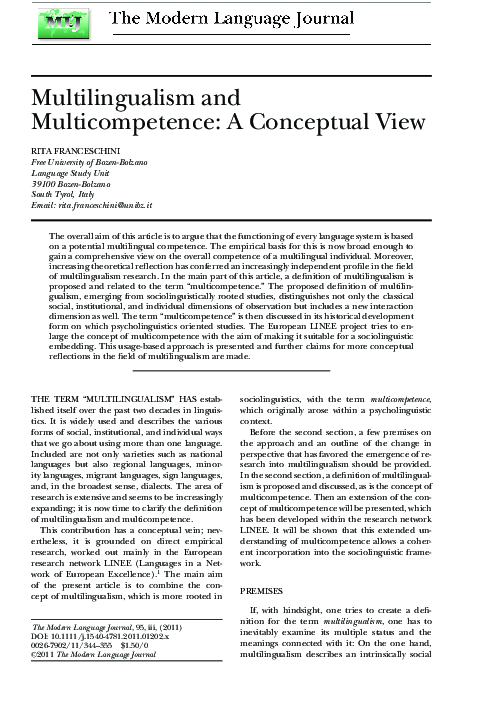 (PDF) Multilingualism and Multicompetence: A Conceptual View