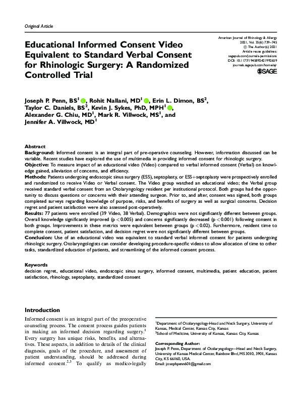 (PDF) Educational Informed Consent Video Equivalent to Standard Verbal ...