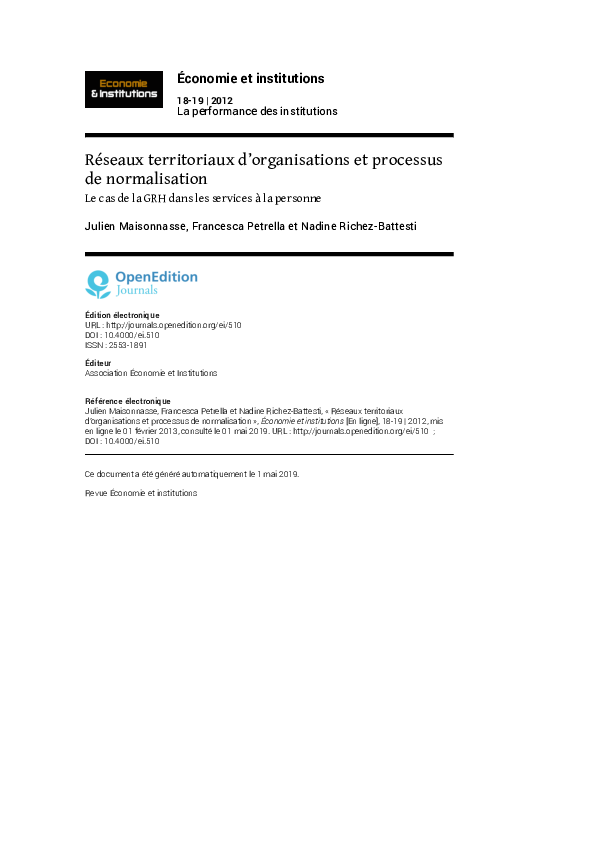 (PDF) Réseaux territoriaux d’organisations et processus de normalisation. Le cas de la GRH dans ...