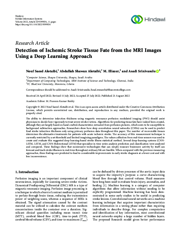 (PDF) Detection of Ischemic Stroke Tissue Fate from the MRI Images Using a Deep Learning Approach