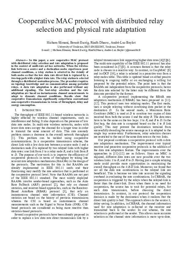 (PDF) Cooperative MAC protocol with distributed relay selection and physical rate adaptation