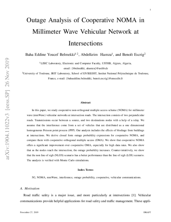 (PDF) Outage Analysis of Cooperative NOMA in Millimeter Wave Vehicular Network at Intersections