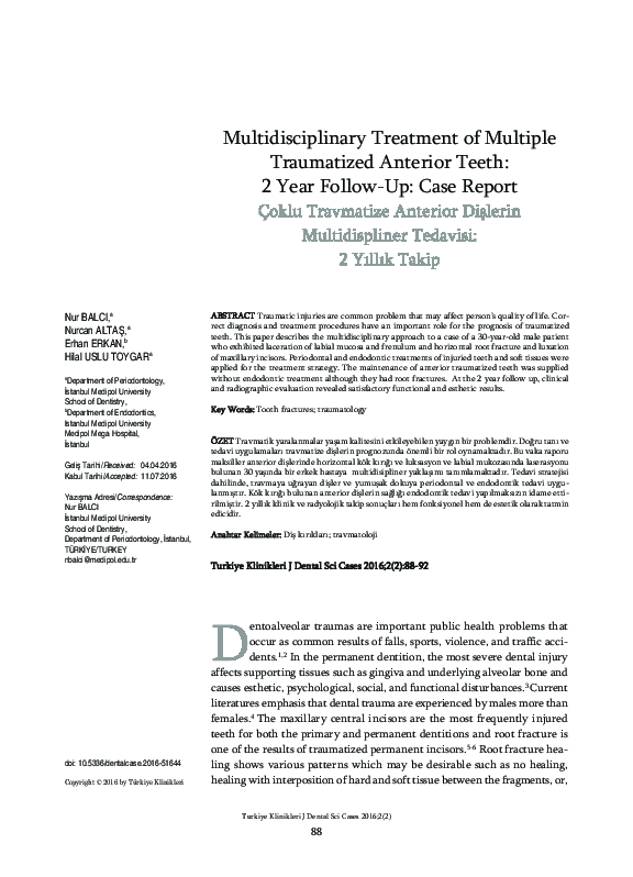 (PDF) Multidisciplinary Treatment of Multiple Traumatized Anterior Teeth: 2 Year Follow-Up: Case ...