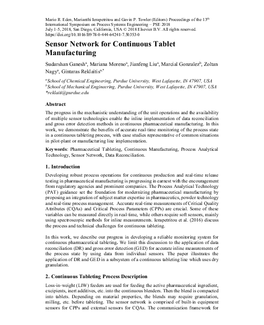 (PDF) Sensor Network for Continuous Tablet Manufacturing | Mariana Moreno - Academia.edu