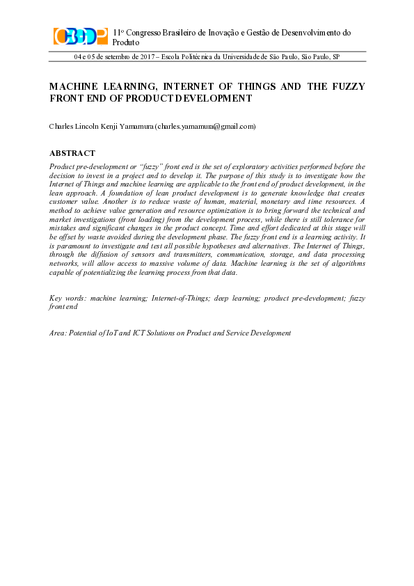 (PDF) Machine Learning, Internet of Things and the Fuzzy Front End of Product Development ...