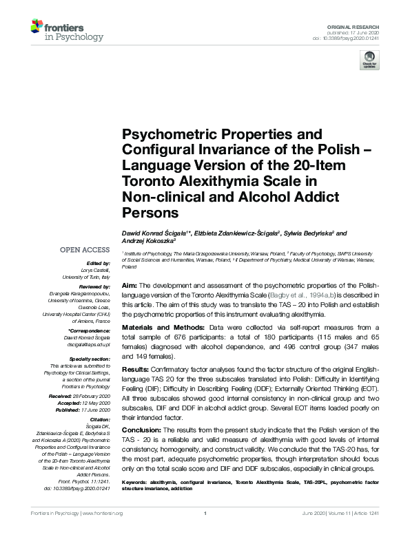 (PDF) Psychometric Properties and Configural Invariance of the Polish – Language Version of the ...